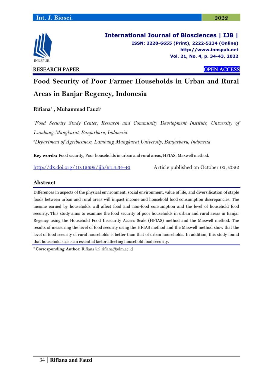 Food Security of Poor Farmer Households in Urban and Rural Areas in ...