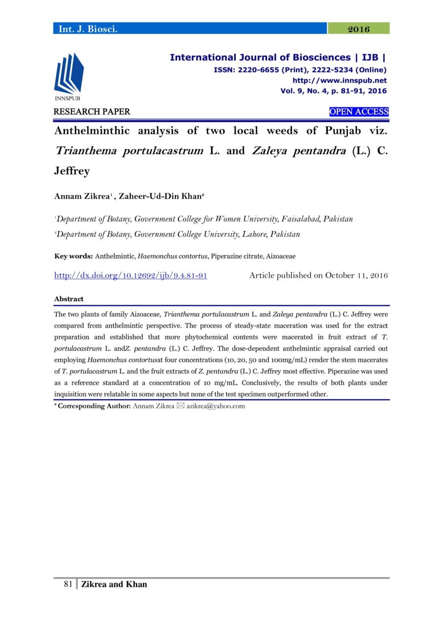 Anthelminthic analysis of two local weeds of Punjab viz. Trianthema ...