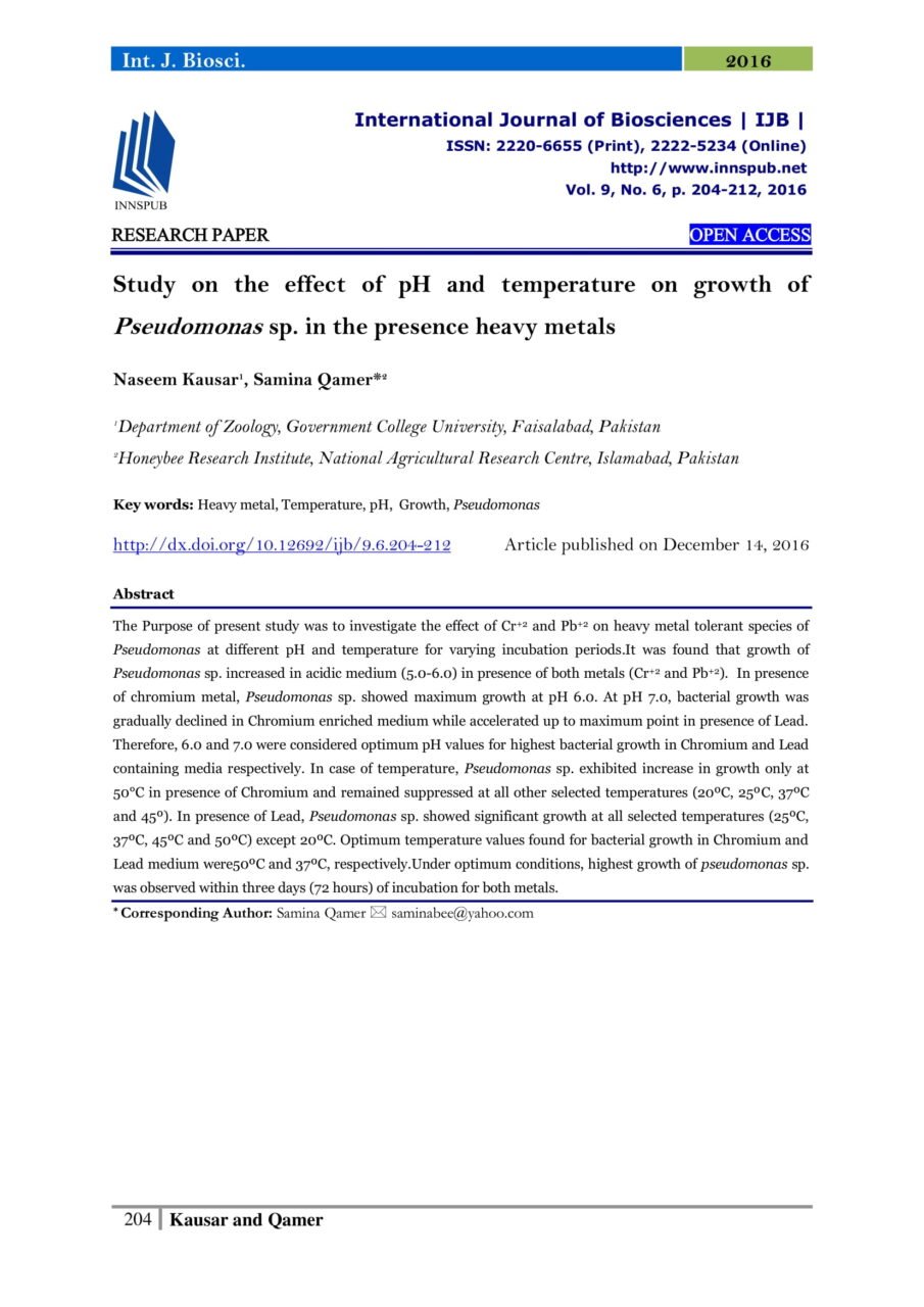 Study on the effect of pH and temperature on growth of Pseudomonas sp ...