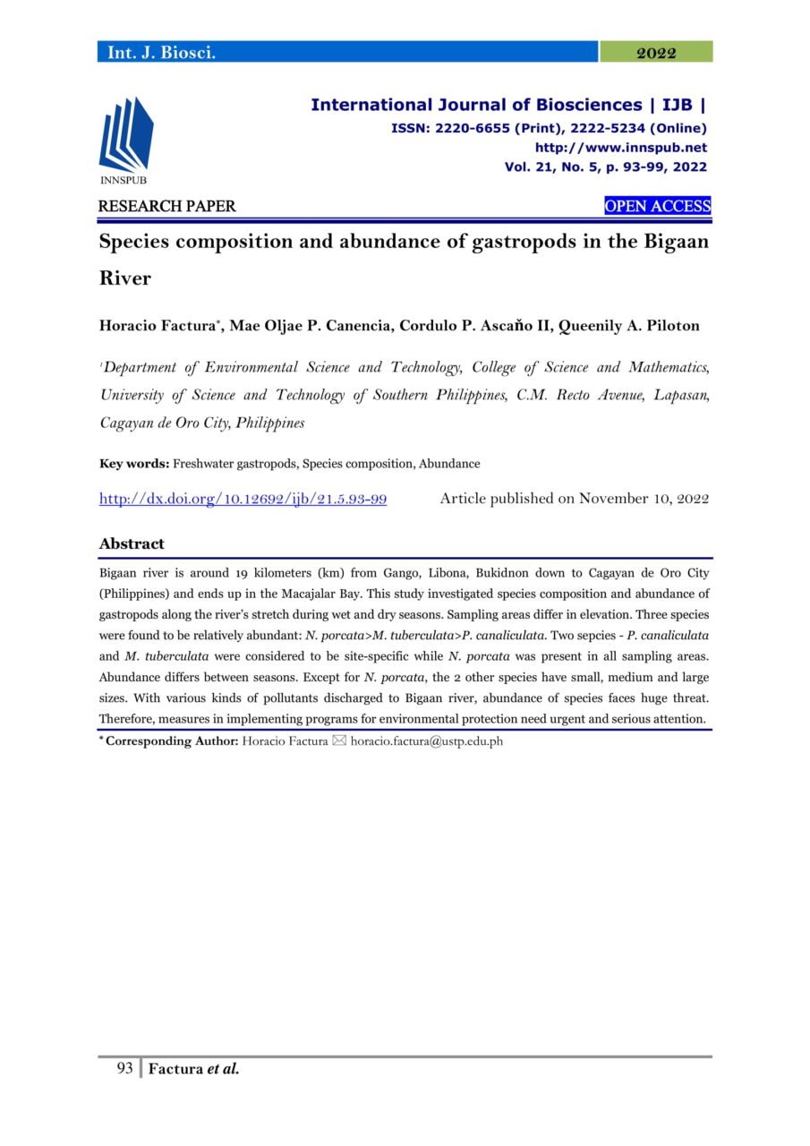 Species composition and abundance of gastropods in the Bigaan River