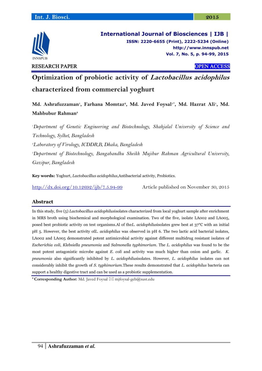 Optimization of probiotic activity of Lactobacillus acidophilus ...