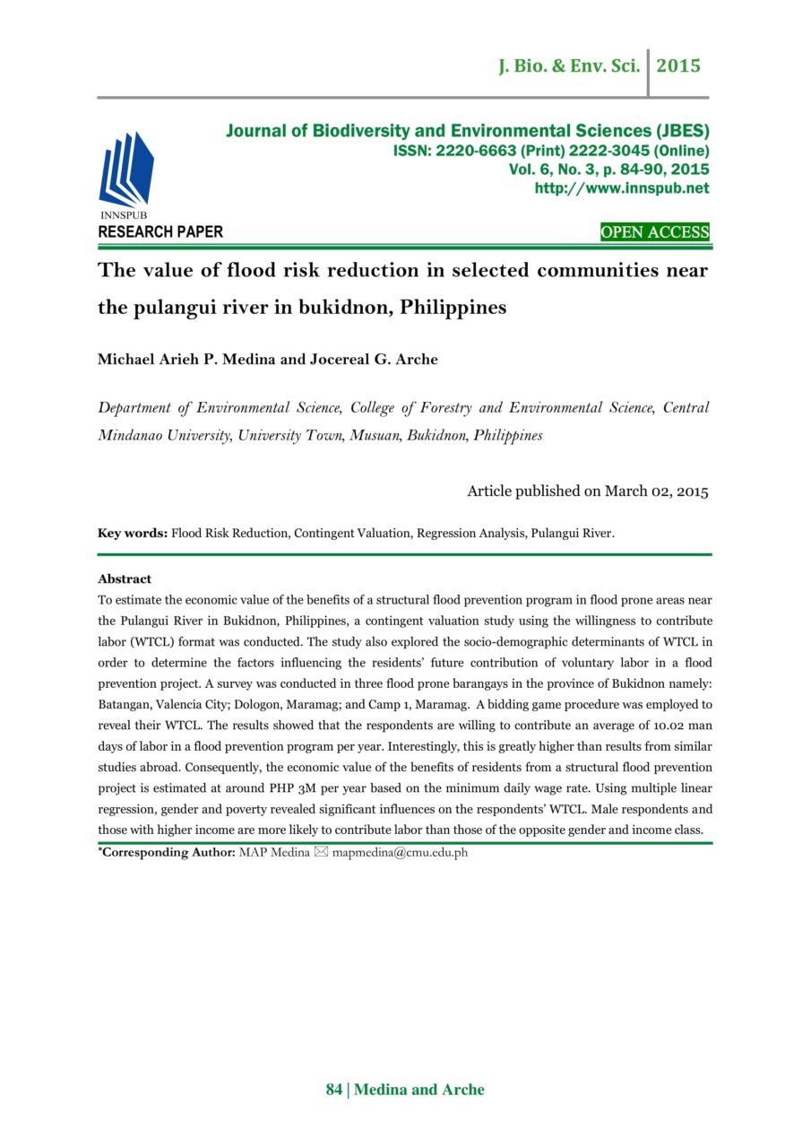 The value of flood risk reduction in selected communities near the ...