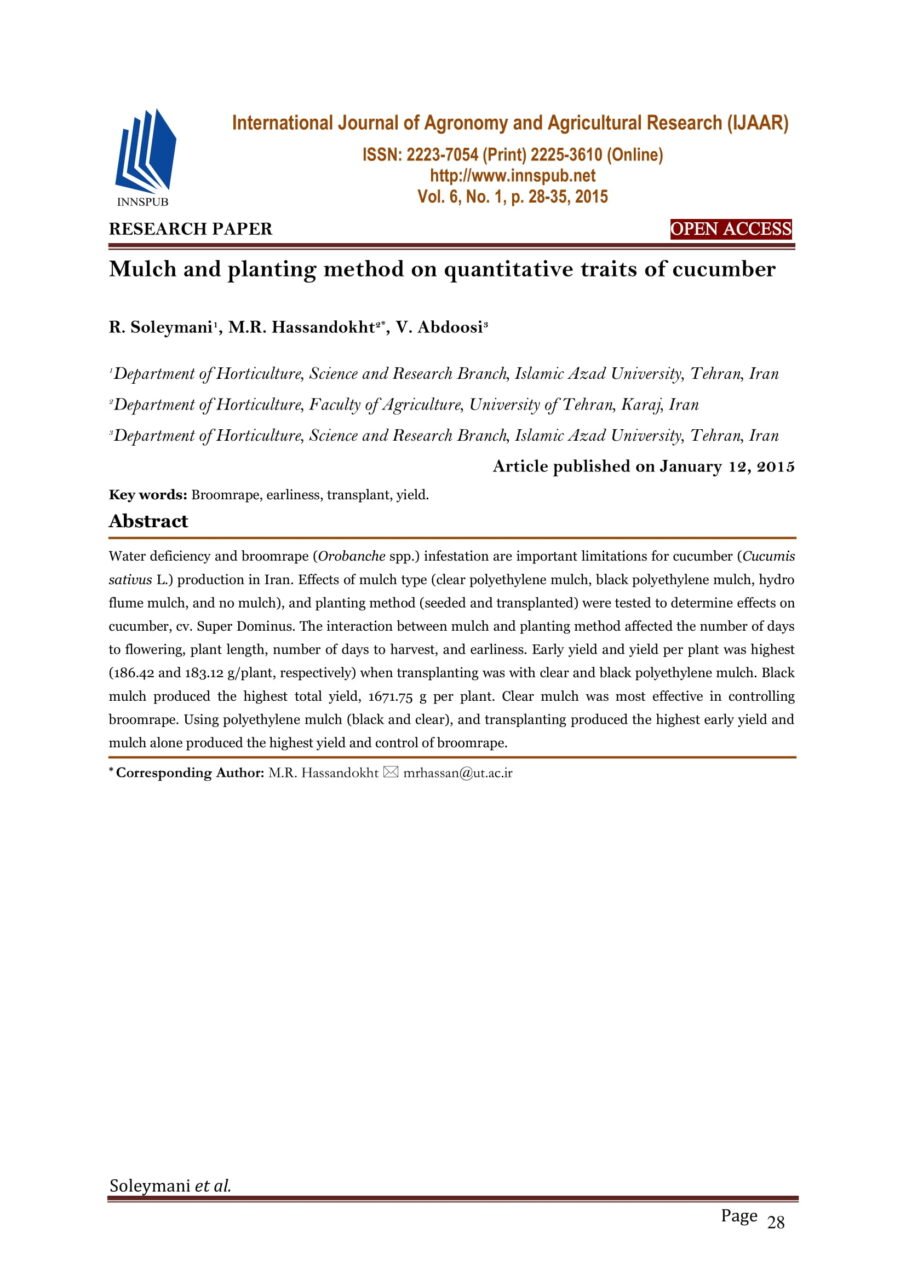 Mulch and planting method on quantitative traits of cucumber