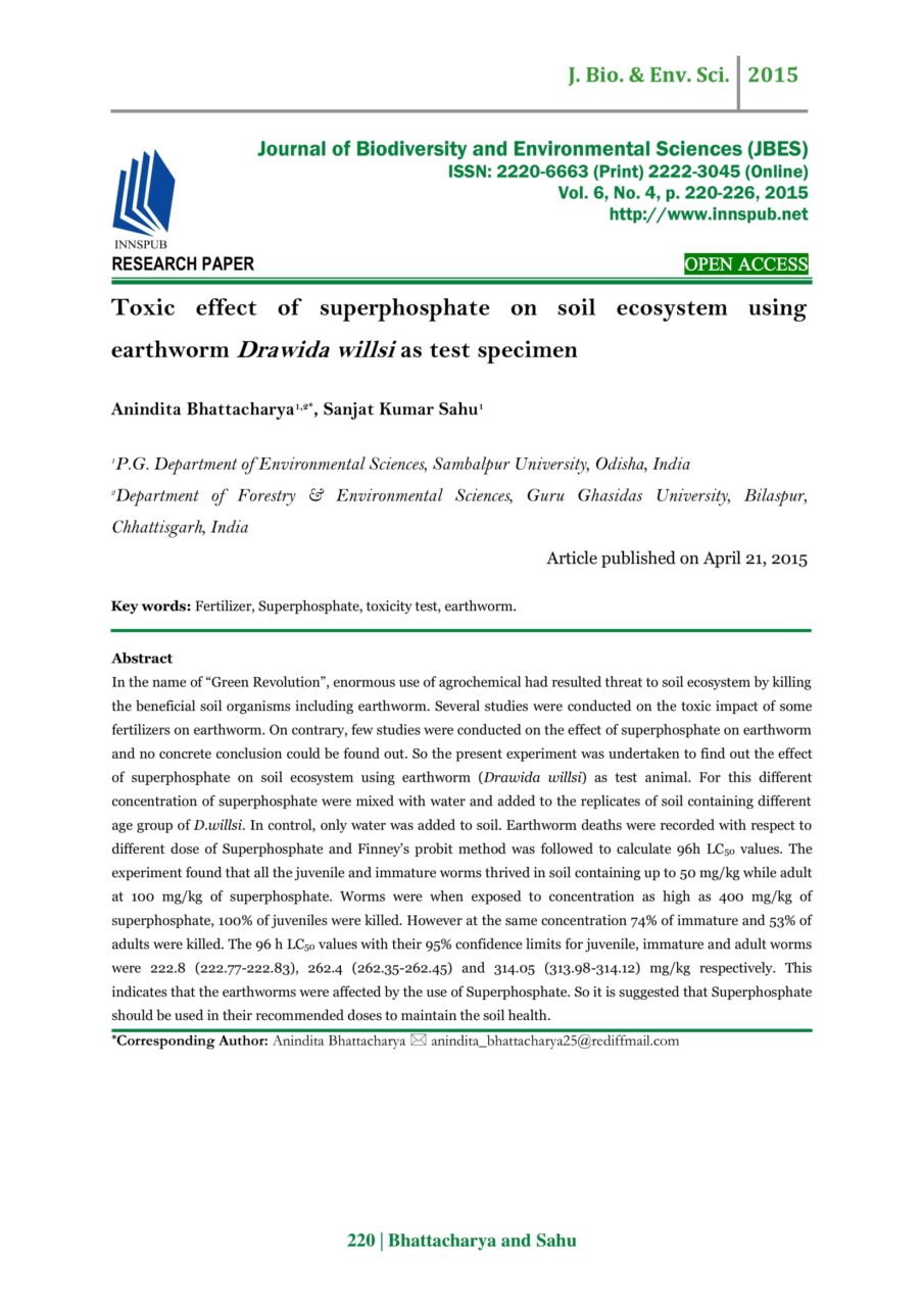 Toxic effect of superphosphate on soil ecosystem using earthworm ...