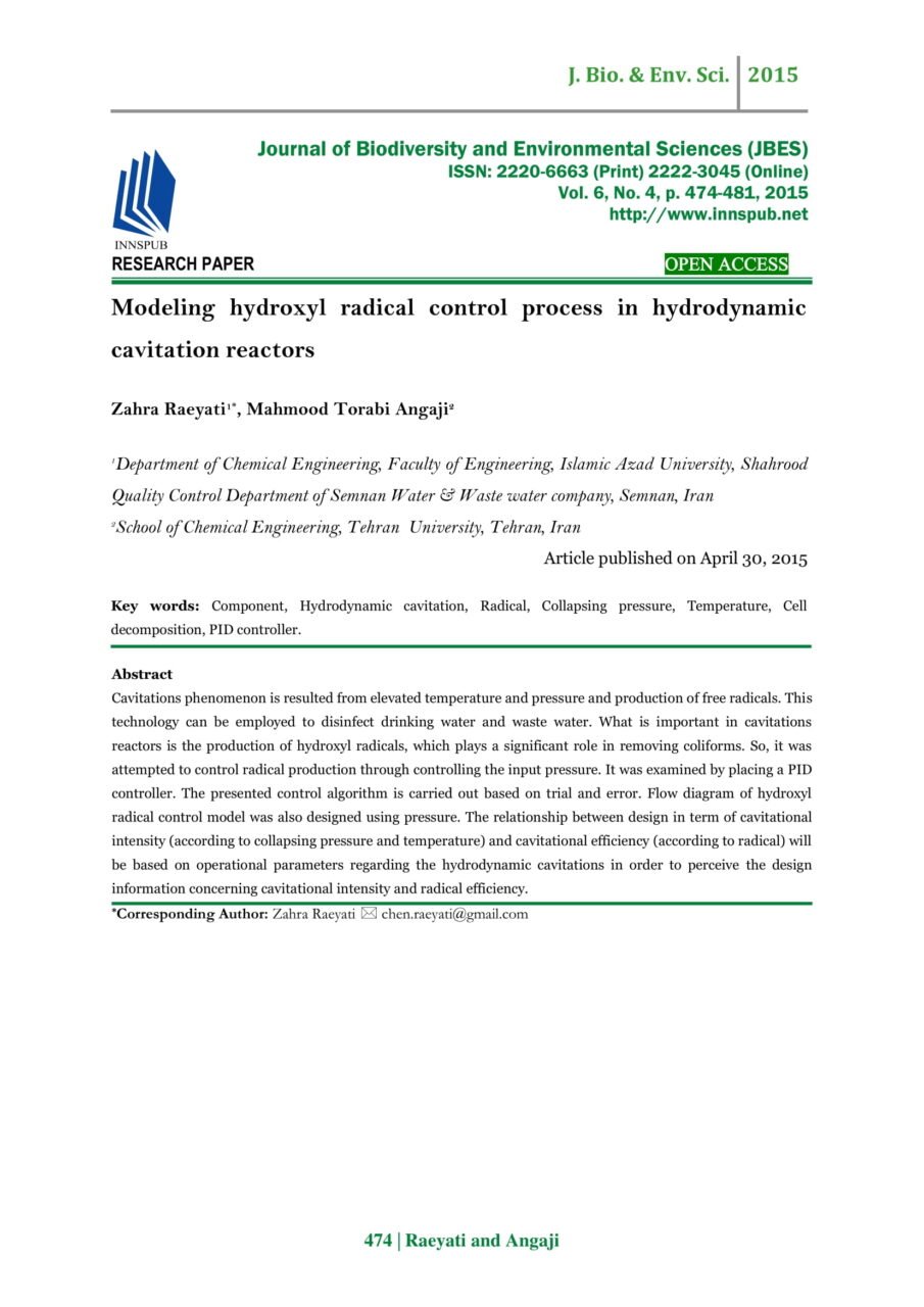 Modeling hydroxyl radical control process in hydrodynamic cavitation ...