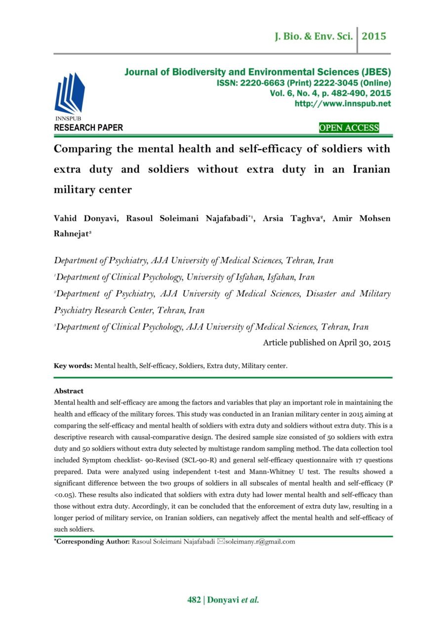 Comparing the mental health and self-efficacy of soldiers with extra ...