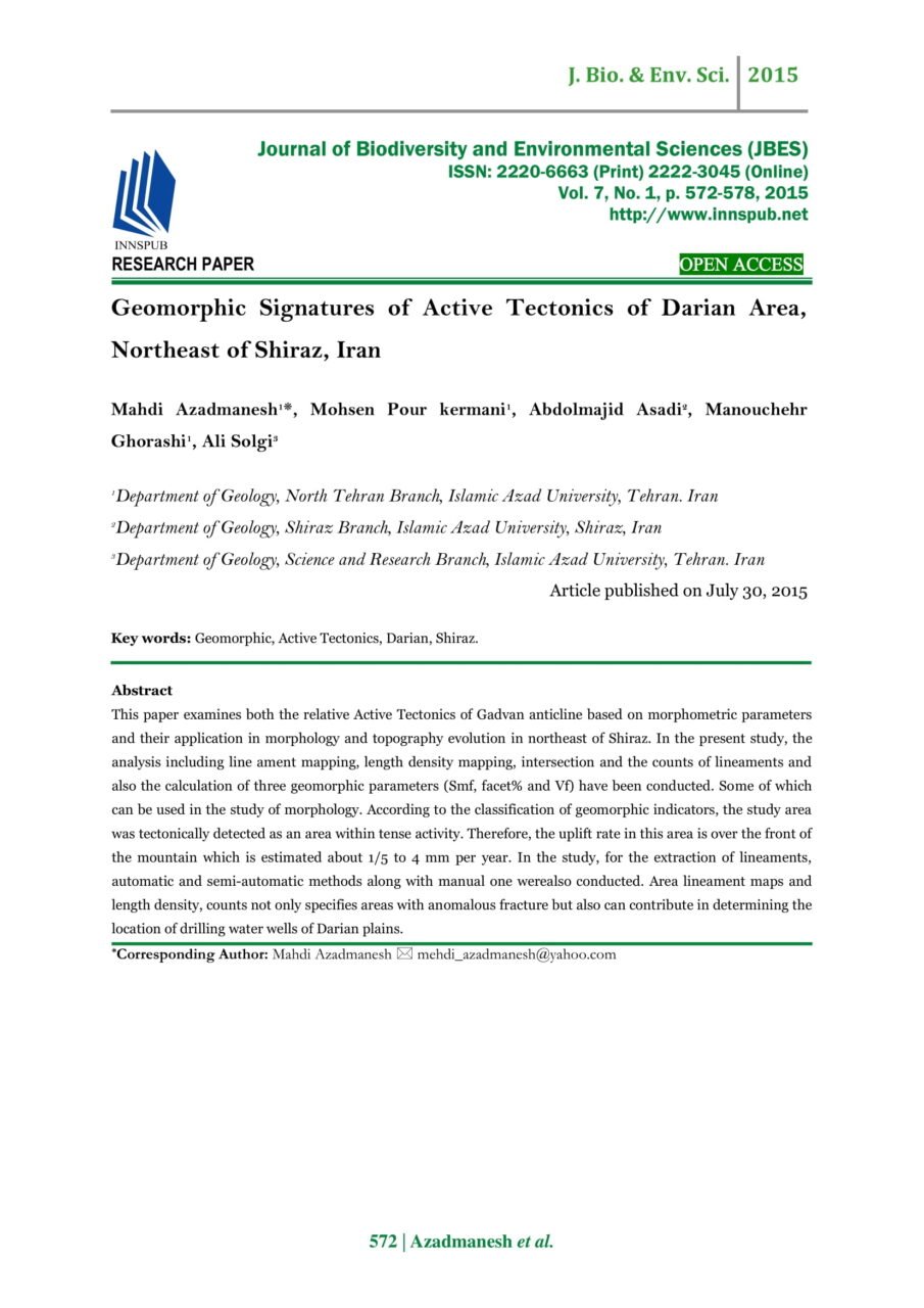 Geomorphic Signatures of Active Tectonics of Darian Area, Northeast of ...