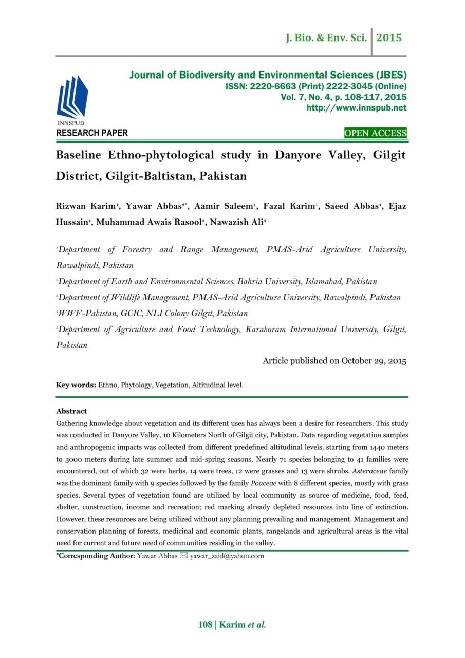 Baseline Ethno-phytological study in Danyore Valley, Gilgit District ...