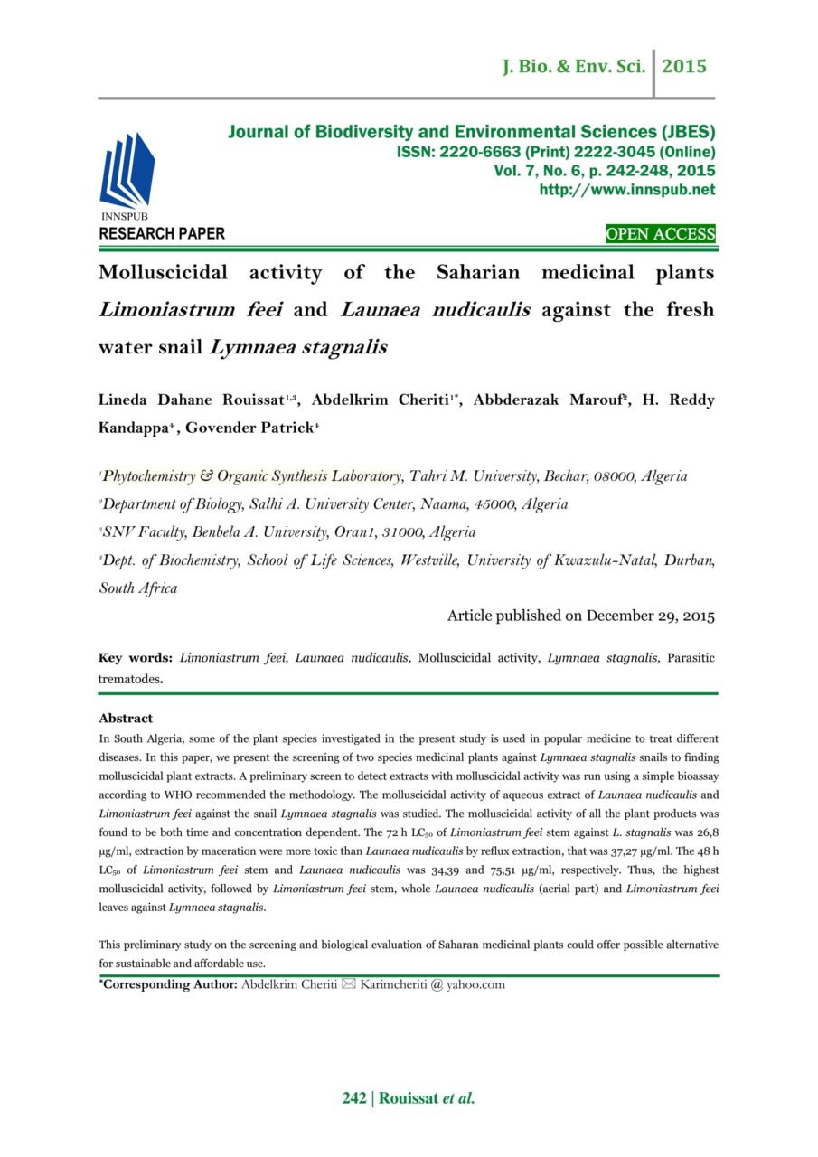 Molluscicidal activity of the Saharian medicinal plants Limoniastrum ...