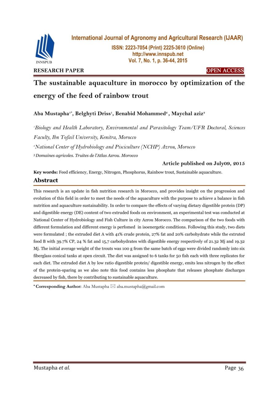 The sustainable aquaculture in morocco by optimization of the energy of ...