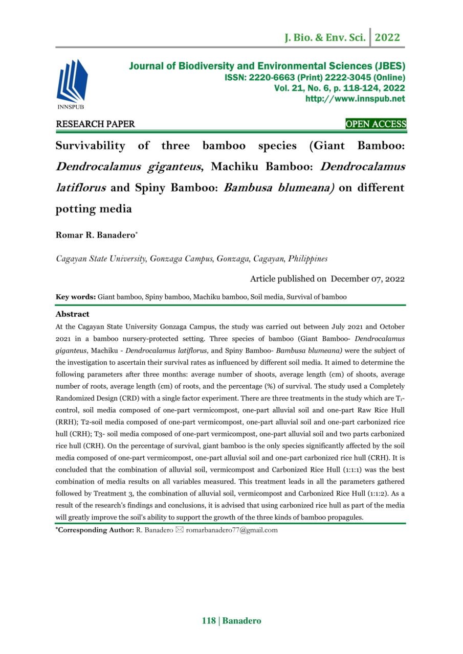 Survivability of three bamboo species (Giant Bamboo: Dendrocalamus ...