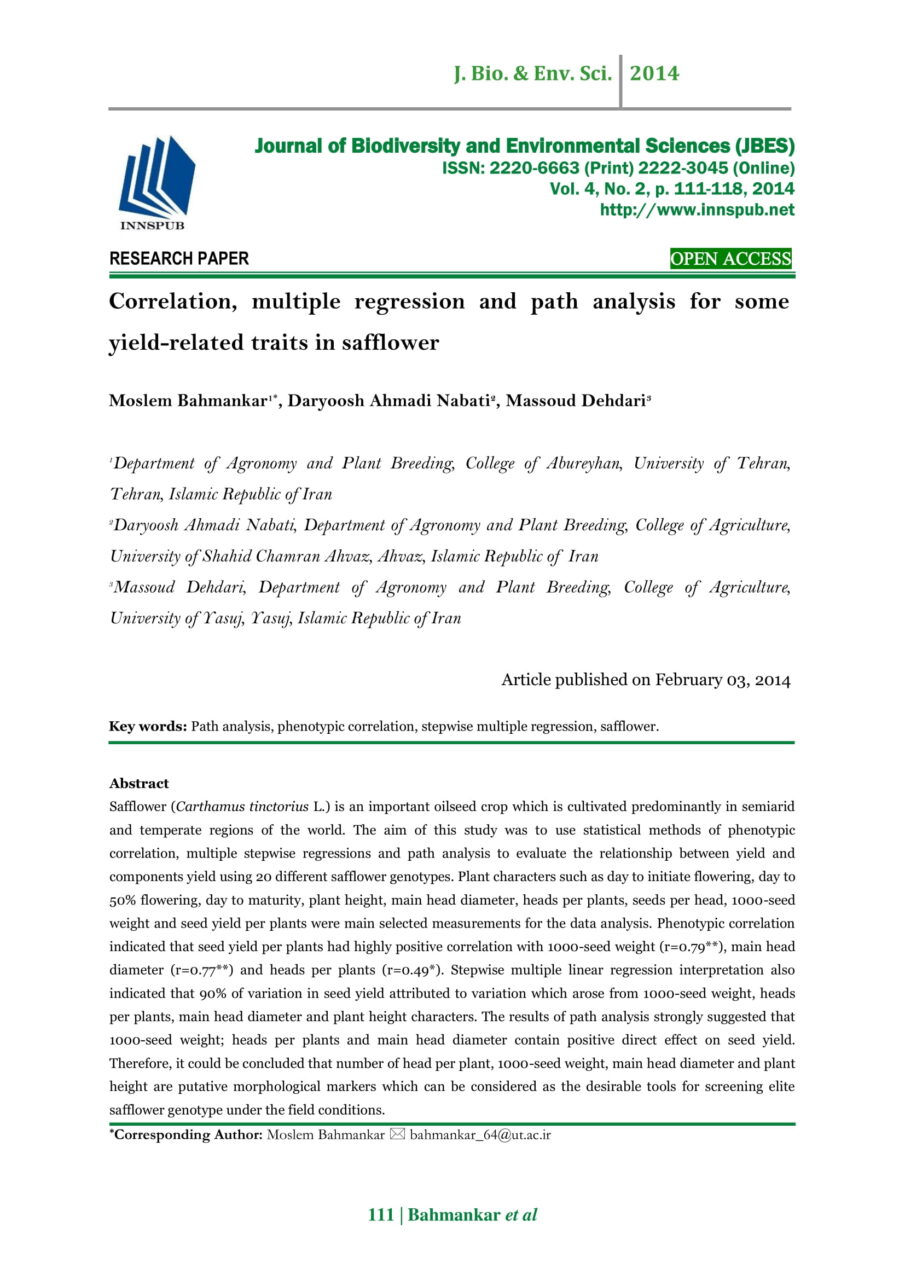 Correlation Multiple Regression And Path Analysis For Some Yield Related Traits In Safflower
