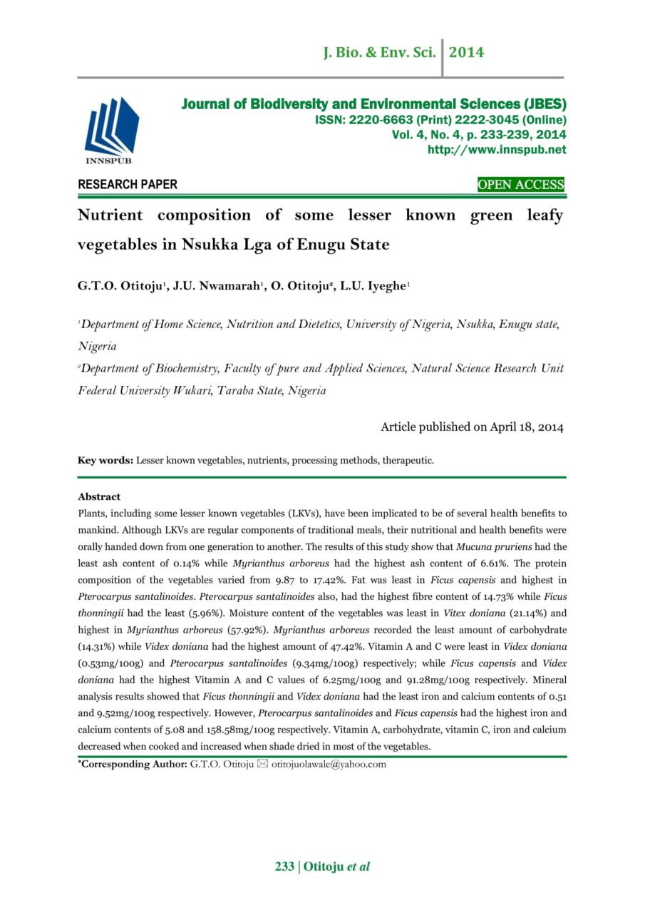 Nutrient composition of some lesser known green leafy vegetables in ...