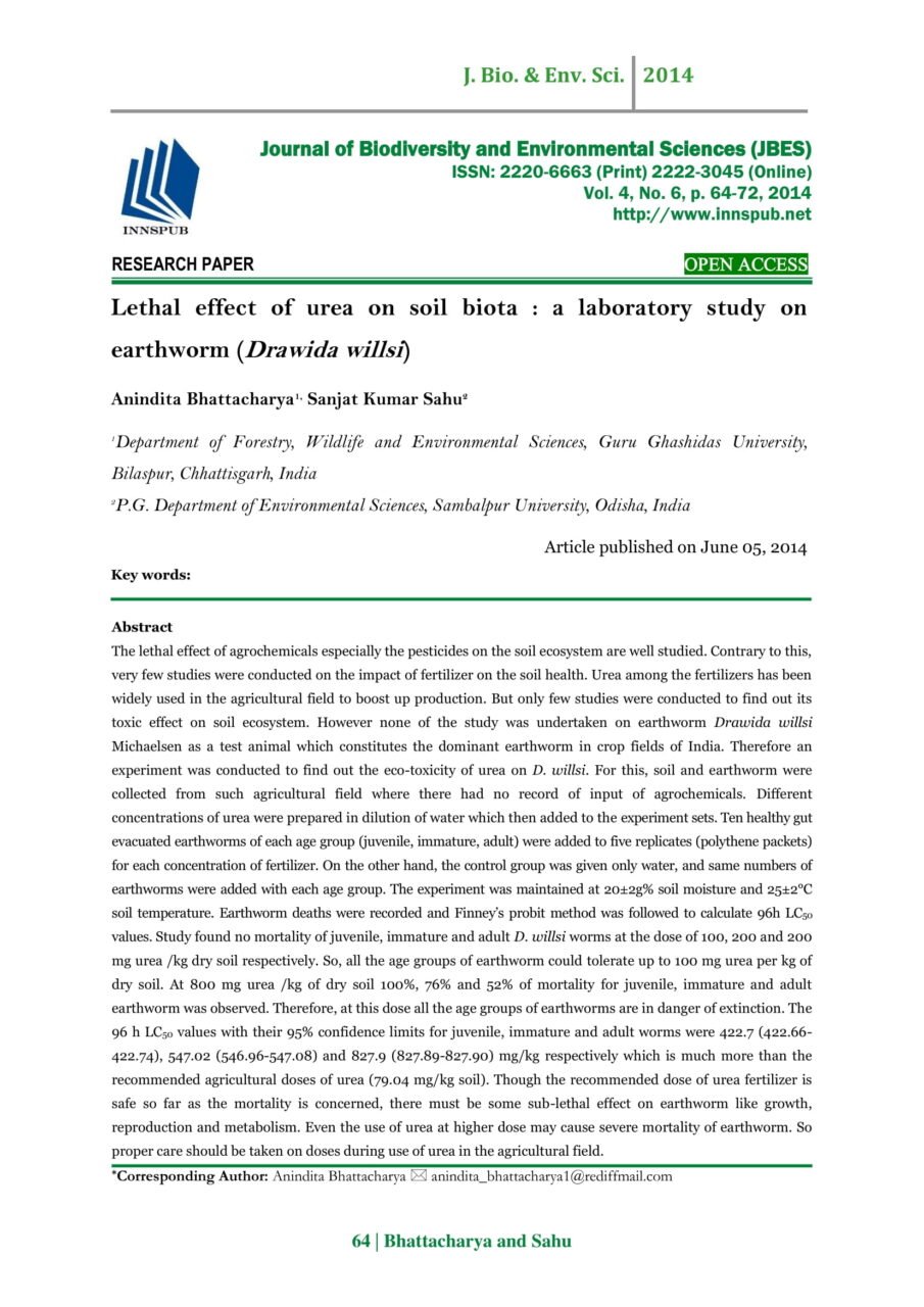 Lethal effect of urea on soil biota : a laboratory study on earthworm ...