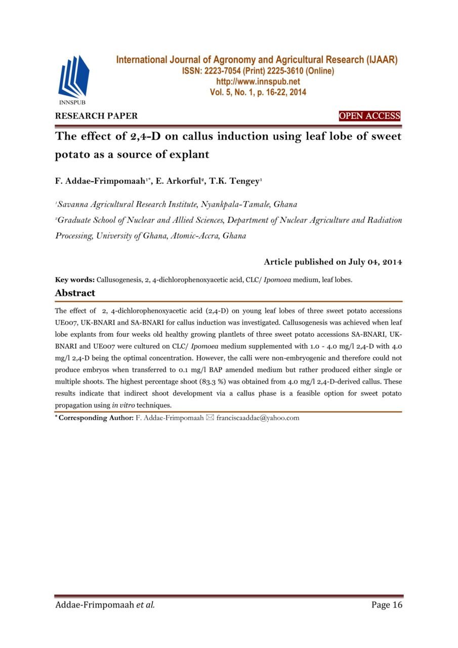 The effect of 2,4-D on callus induction using leaf lobe of sweet potato ...