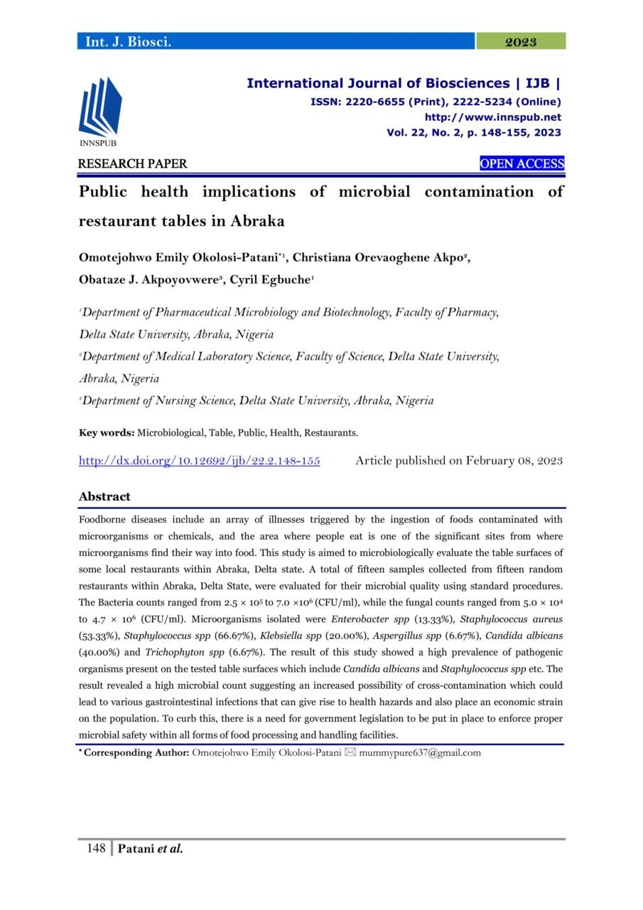 Public health implications of microbial contamination of restaurant ...