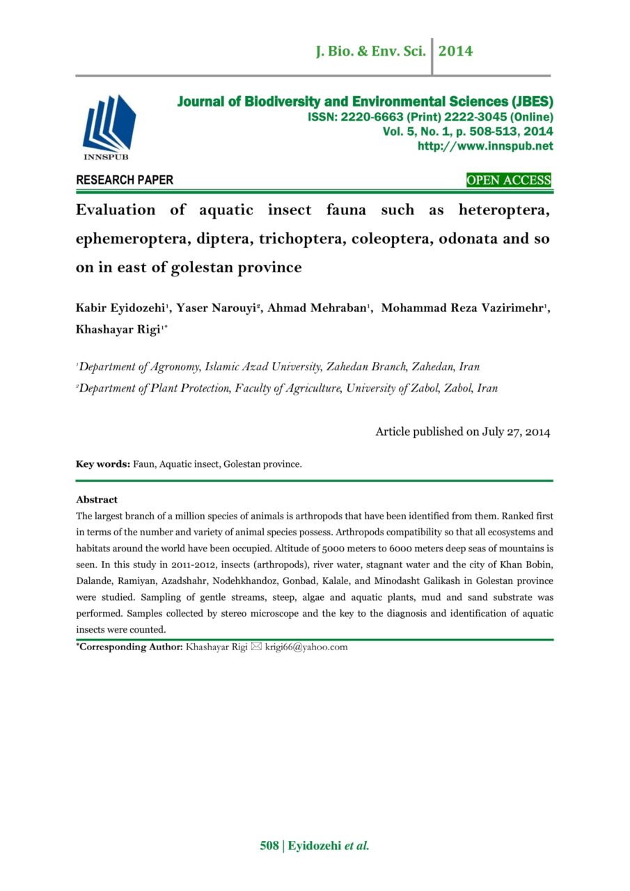 Evaluation of aquatic insect fauna such as heteroptera, ephemeroptera ...