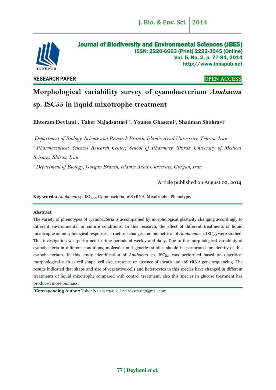 Morphological variability survey of cyanobacterium Anabaena sp. ISC55 ...