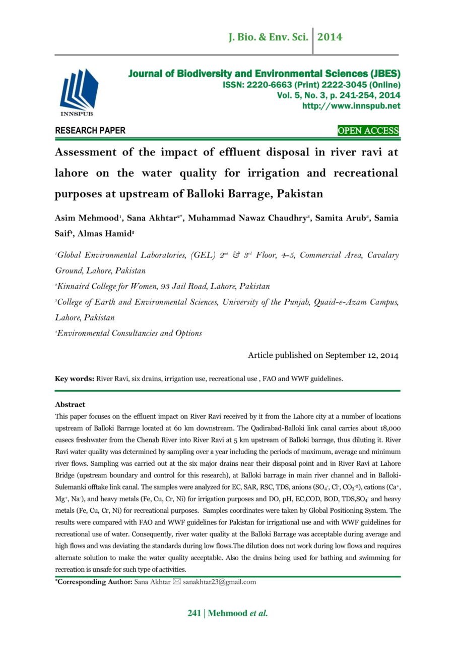 Assessment of the impact of effluent disposal in river ravi at lahore ...