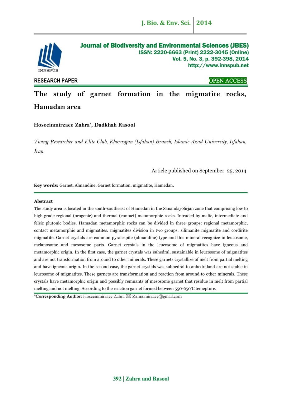 The study of garnet formation in the migmatite rocks, Hamadan area