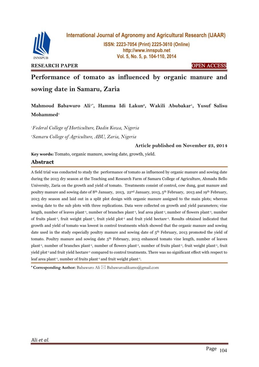 Performance of tomato as influenced by organic manure and sowing date ...