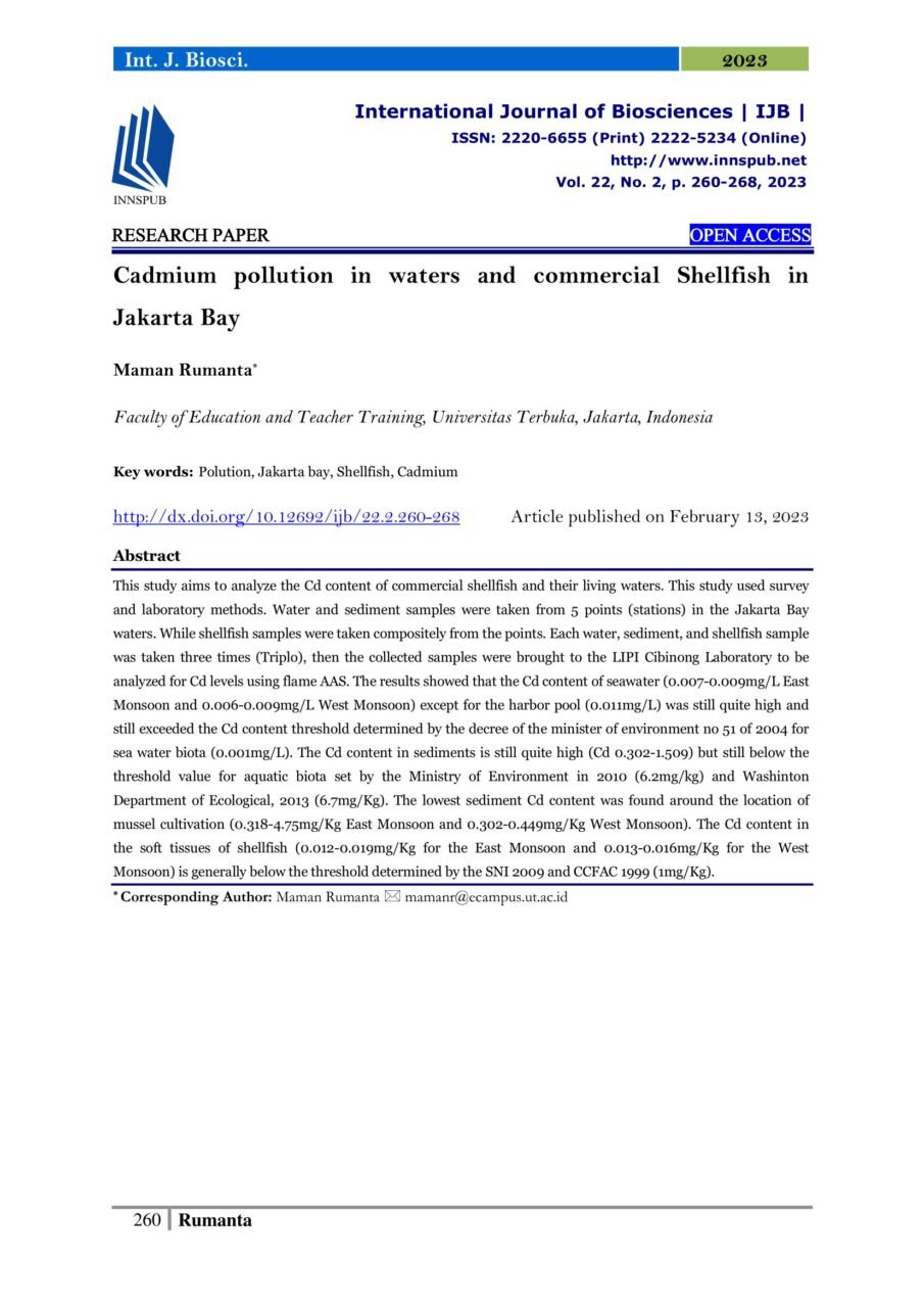 Cadmium pollution in waters and commercial Shellfish in Jakarta Bay