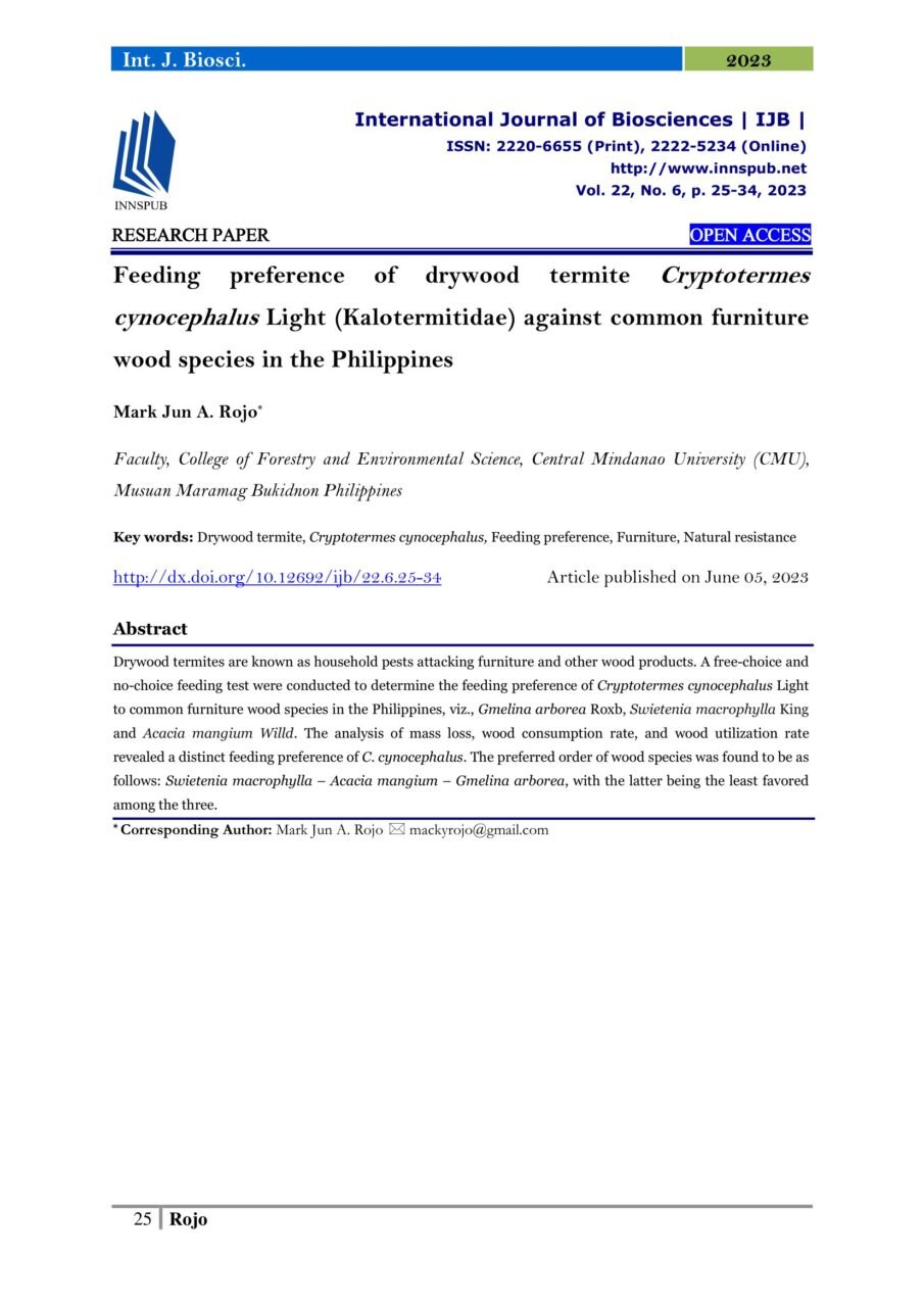 Feeding preference of drywood termite Cryptotermes cynocephalus Light ...