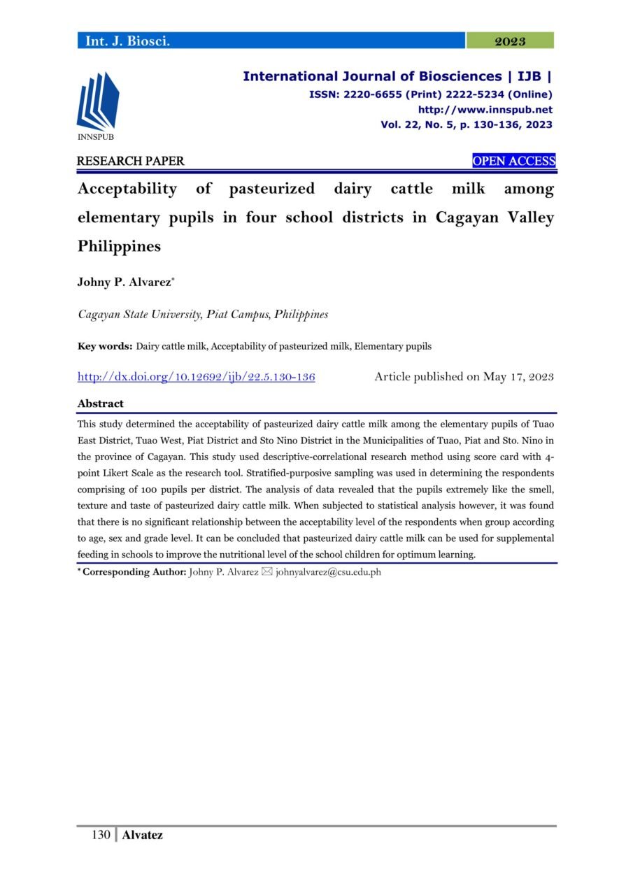 Acceptability of pasteurized dairy cattle milk among elementary pupils ...