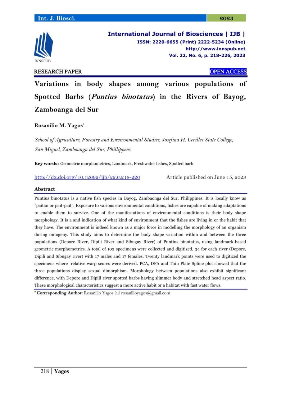 Variations in body shapes among various populations of Spotted Barbs ...
