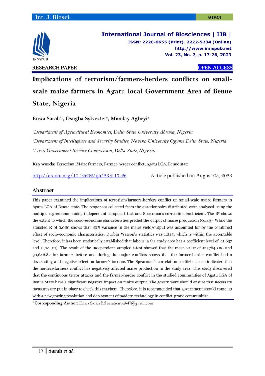 Implications of terrorism/farmers-herders conflicts on small-scale ...