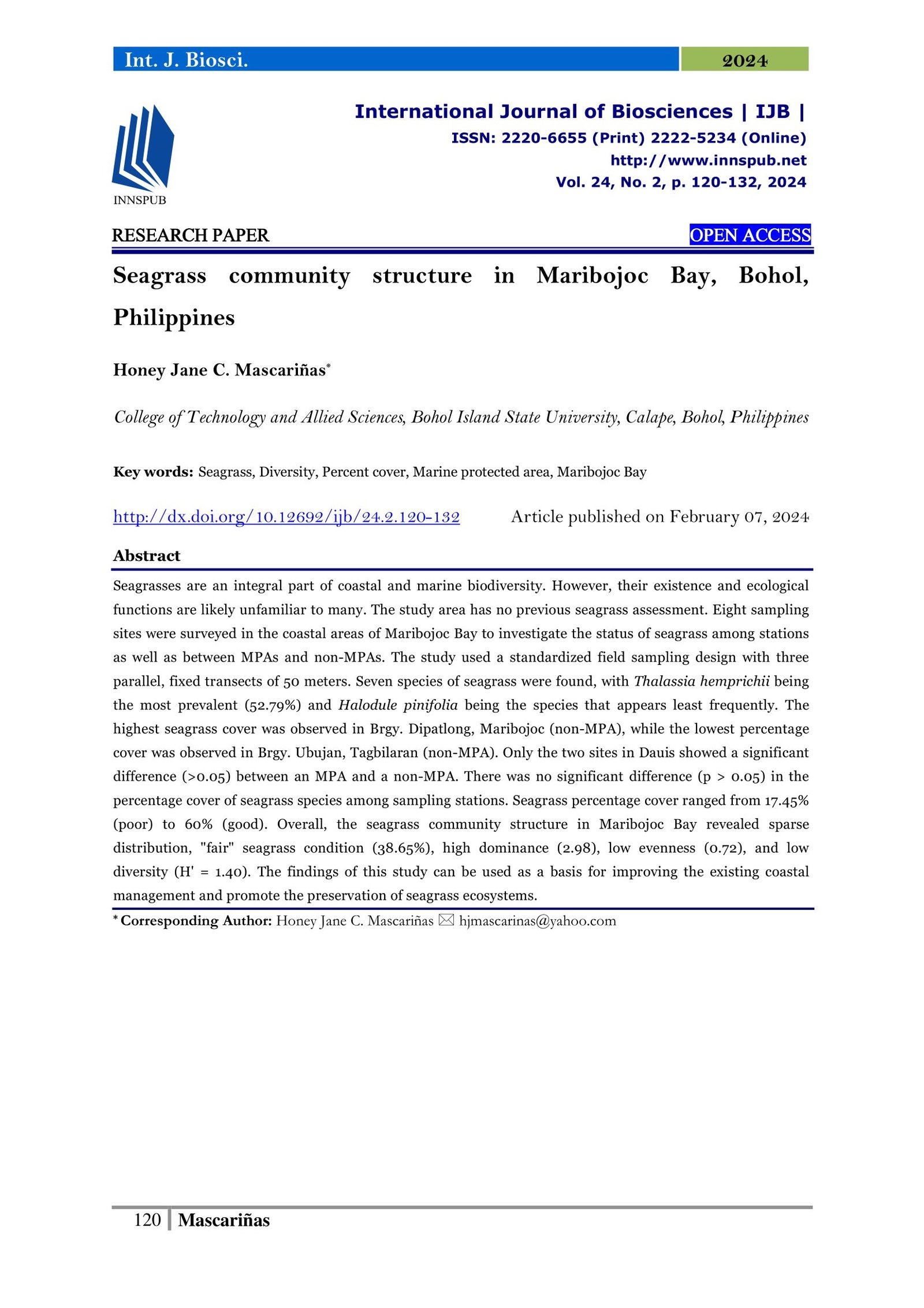 Seagrass community structure in Maribojoc Bay, Bohol, Philippines