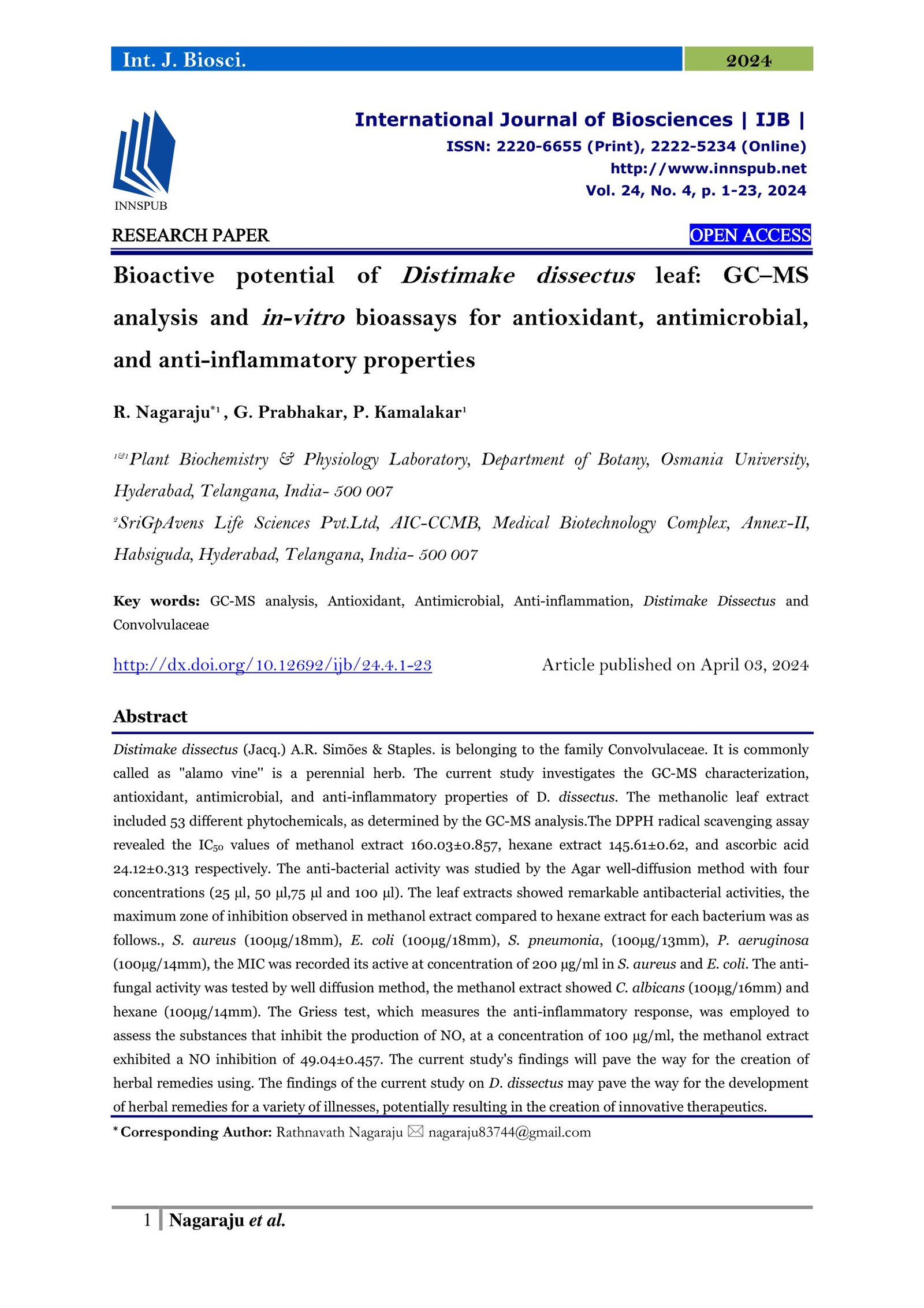 Bioactive potential of Distimake dissectus leaf: GC–MS analysis and in ...