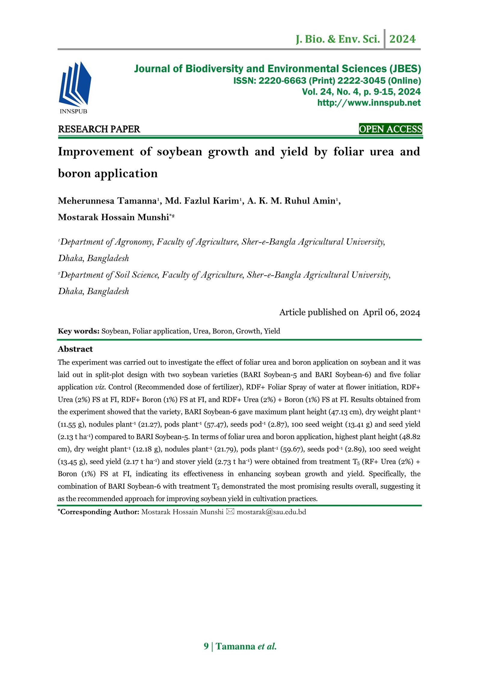 Improvement of soybean growth and yield by foliar urea and boron ...