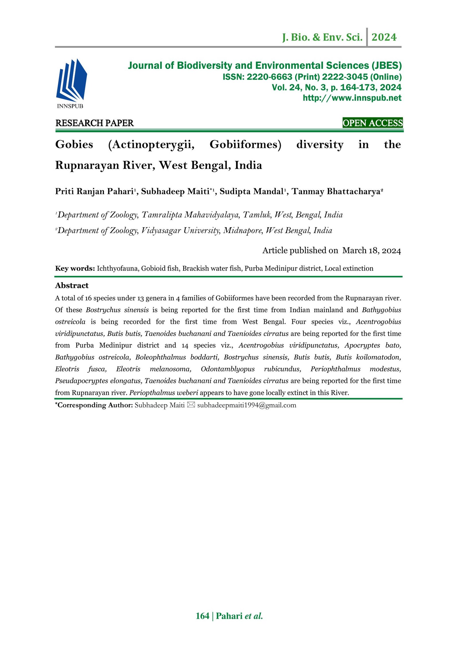 Gobies (Actinopterygii, Gobiiformes) diversity in the Rupnarayan River ...